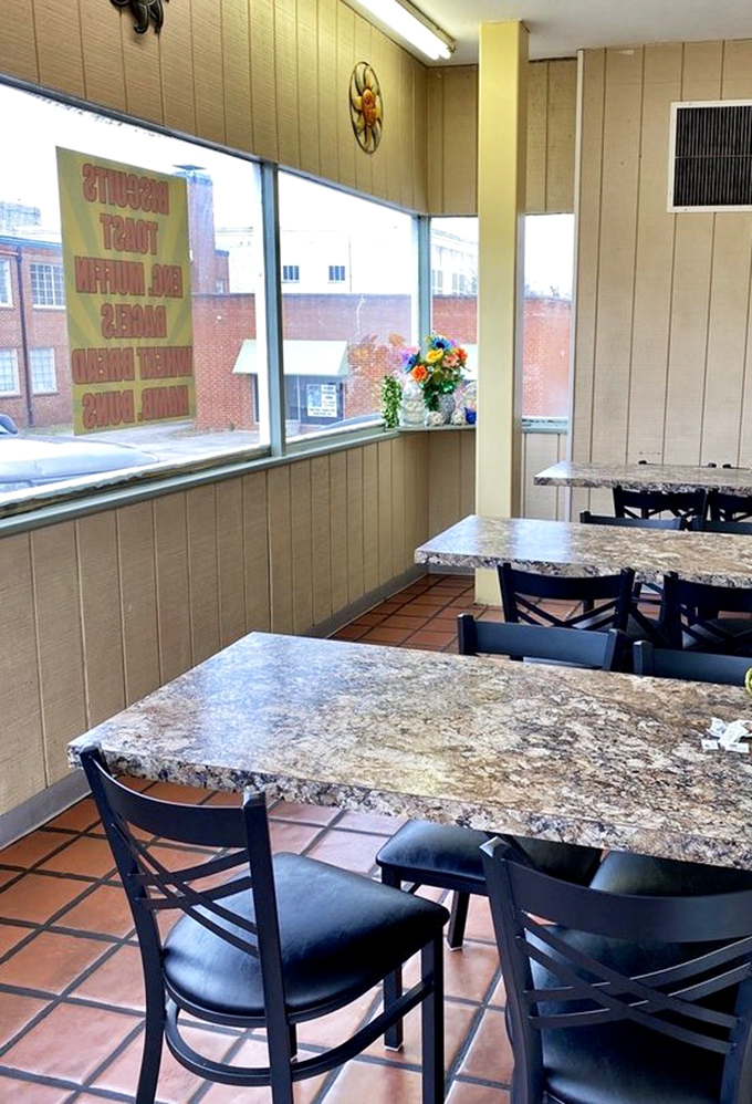 Cozy interior with no-nonsense charm. These marbled tables have witnessed countless "first bite" moments of pure biscuit bliss.
