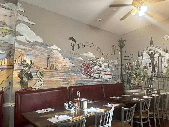 New Orleans comes alive on these walls, where paddleboats and pelicans tell stories while you sip your morning coffee.