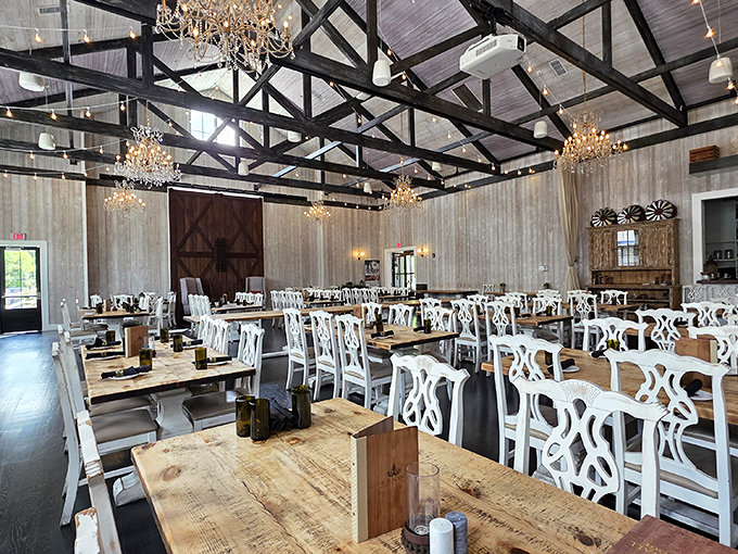 Crystal chandeliers hanging from rustic beams? It's like your fancy aunt married a farmer and their wedding reception never ended. 