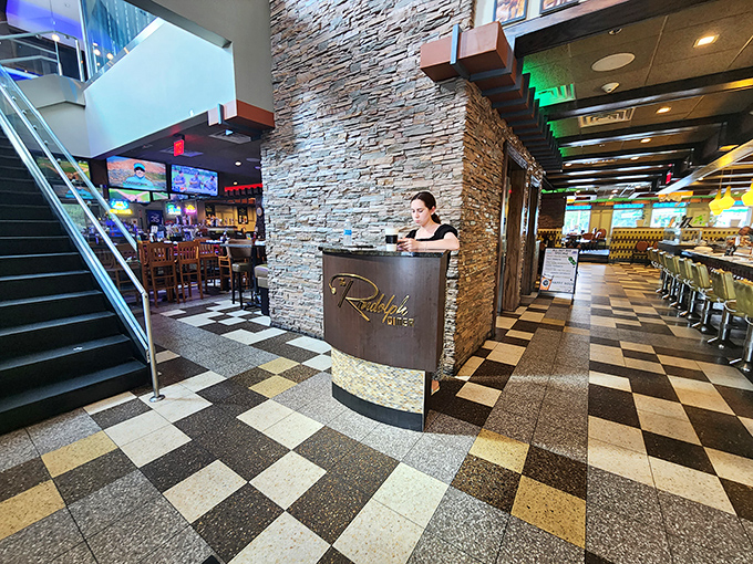 Step inside to a world where checkered floors and stone walls create that perfect balance of classic diner charm and modern comfort.