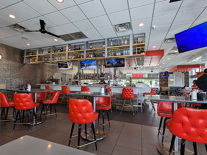 Red leather bar stools that pop like exclamation points against the sleek interior. This isn't your grandpa's diner&mdash;though he'd absolutely love it here.