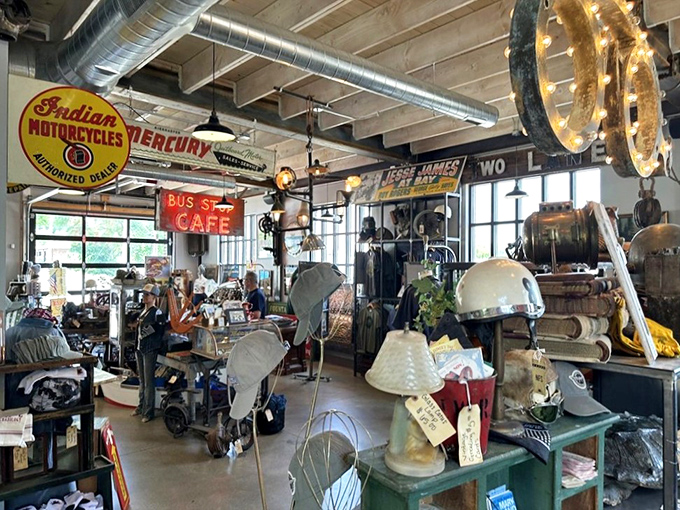 Industrial chic meets vintage wonderland inside, where Indian Motorcycles signs hang above carefully curated collections of America's past.