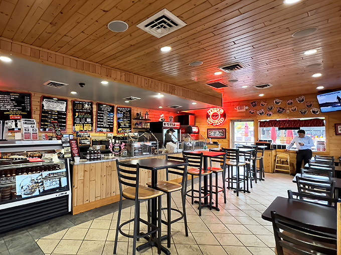 Step inside to wooden-paneled warmth and a menu board that might require a moment of silent contemplation. Decision paralysis is a real condition here.