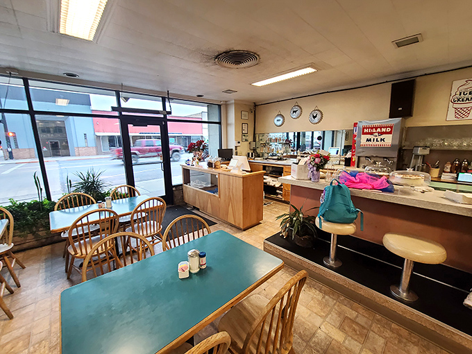 Step inside and time slows down – wooden chairs, counter stools, and potted plants create that perfect small-town diner atmosphere where conversations flow as freely as the coffee.