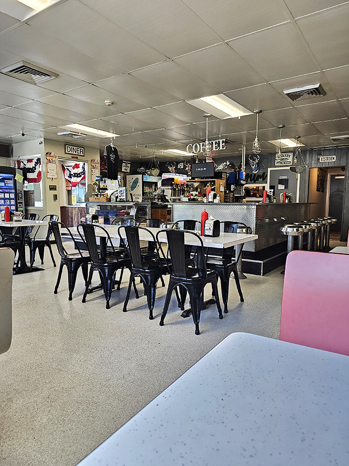 Classic black chairs, patriotic decor, and that hanging COFFEE sign &ndash; this isn't Instagram bait, it's the real deal of American dining.