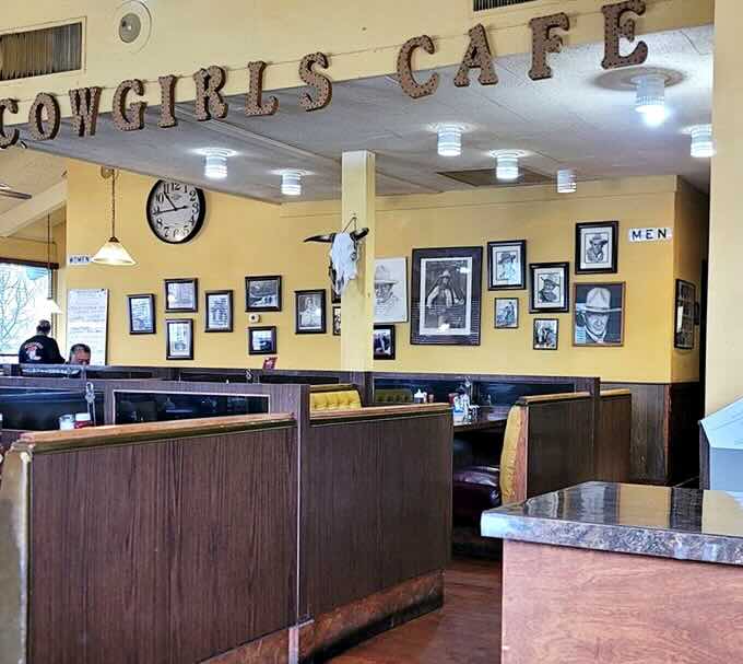 Yellow walls adorned with cowboy memorabilia create the perfect backdrop for breakfast conversations that flow as freely as the coffee.