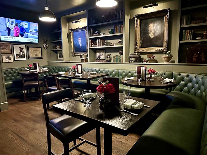 Inside, tufted green leather banquettes and dark wood tables create that perfect pub atmosphere where even James Bond wouldn't mind lingering over a pint.
