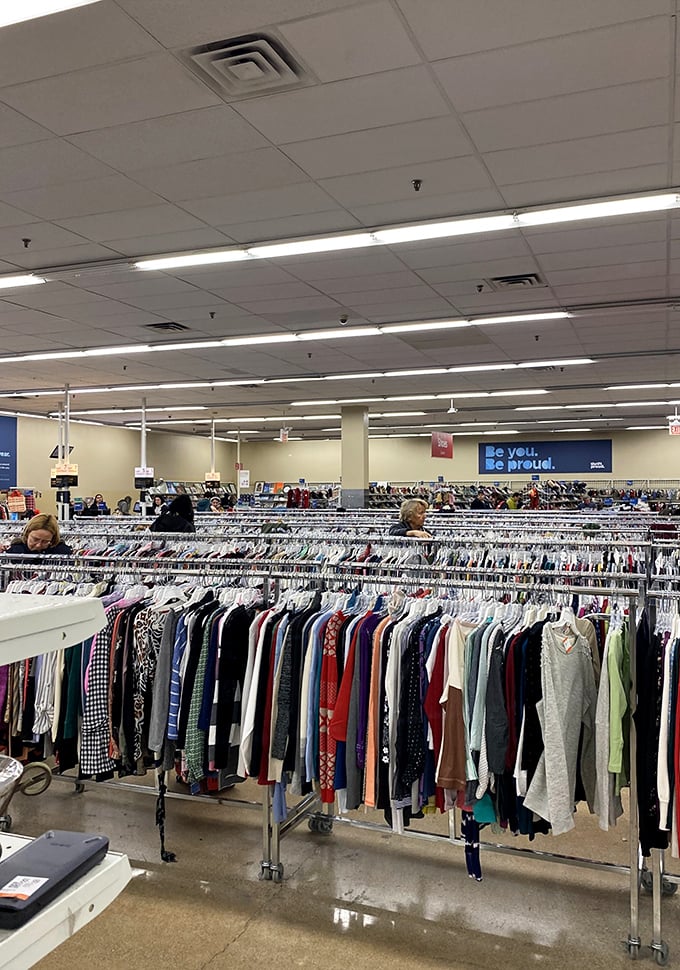 An ocean of clothing stretches toward the horizon under fluorescent lights. The color-coded racks create a rainbow road map for determined thrifters.