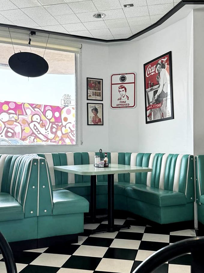Sliding into these mint-green booths under Fonzie's watchful approval feels like being granted VIP access to the golden age of American diners.