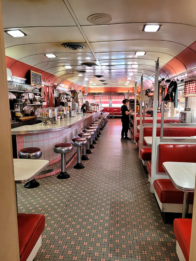 Step inside and you're transported to the 1950s&mdash;gleaming counter, chrome stools, and red vinyl booths create the diner trifecta of nostalgic perfection.