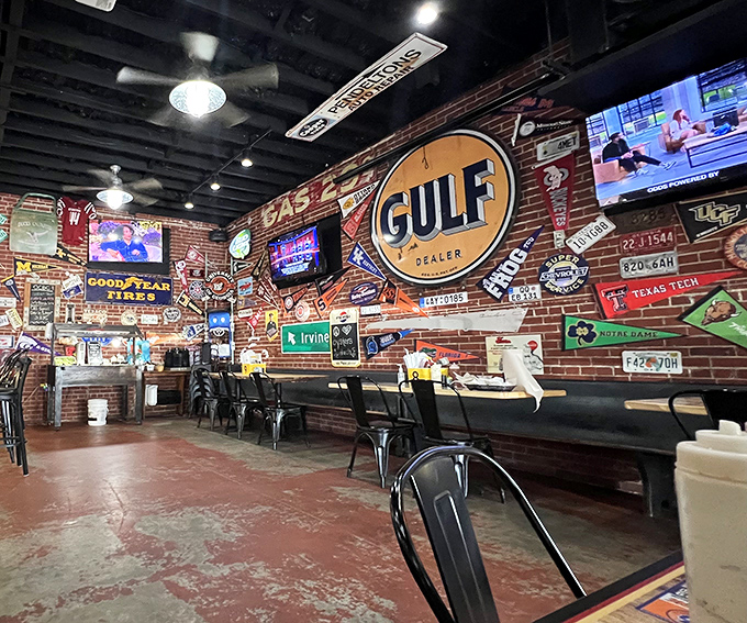 Nostalgia on tap and on the walls. The interior's collection of vintage signs and license plates tells stories that pair perfectly with fresh seafood.