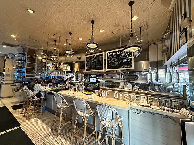 The counter seats offer front-row viewing to the oyster-shucking show, where bivalves meet their delicious destiny daily.