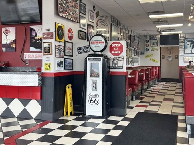 Step inside and time travel to the golden age of diners&mdash;checkered floors, vintage memorabilia, and a Route 66 gas pump that pumps nostalgia instead of fuel.
