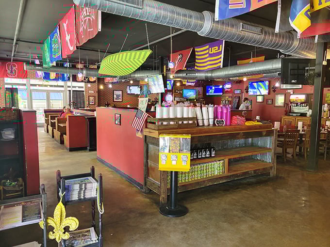 Step inside and you're transported straight to Louisiana&mdash;colorful flags, exposed ductwork, and that unmistakable "good times about to roll" vibe.