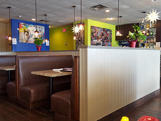 Step inside and the time machine is complete: turquoise ceiling, blue swivel stools, and red vinyl booths that have witnessed decades of breakfast conversations and coffee refills.