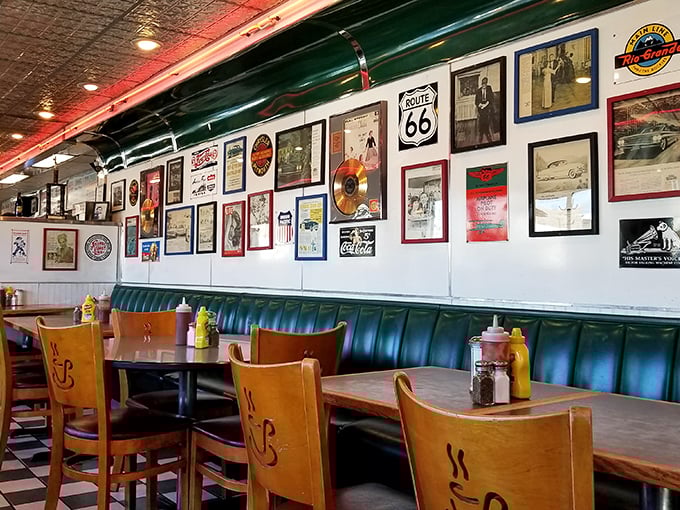 Inside, turquoise vinyl booths sit beneath walls adorned with Route 66 memorabilia and vintage photos &ndash; a museum where the exhibits come with side orders.