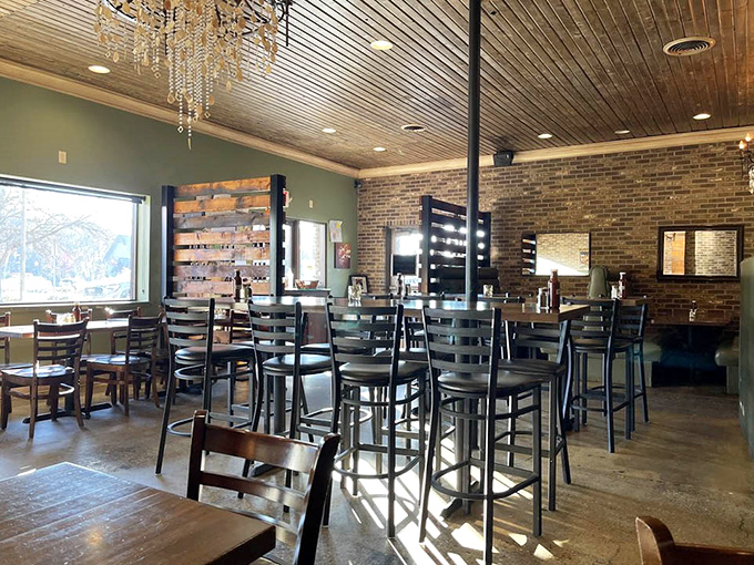 That crystal chandelier hanging over rustic wood and brick? It's like wearing diamonds with your favorite jeans—unexpectedly perfect.
