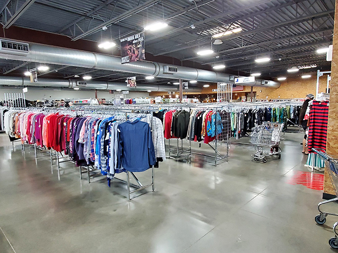 Rows upon rows of color-coded clothing await their second chance at fashion glory. The thrill of the hunt begins here!