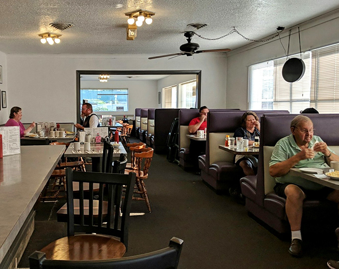Classic diner ambiance at its finest&mdash;purple booths, wooden chairs, and the gentle hum of breakfast conversations. Comfort begins before the food even arrives.