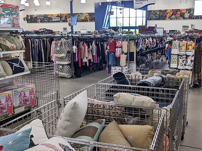 Racks upon racks of carefully organized clothing create a textile landscape where yesterday's fashion finds tomorrow's enthusiast.