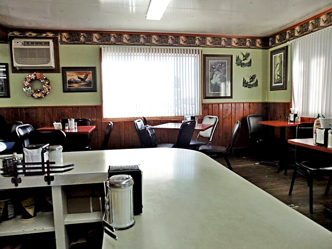 Wood paneling and wildlife prints create that perfect "Northwoods dining room" atmosphere where conversations flow as freely as the coffee.