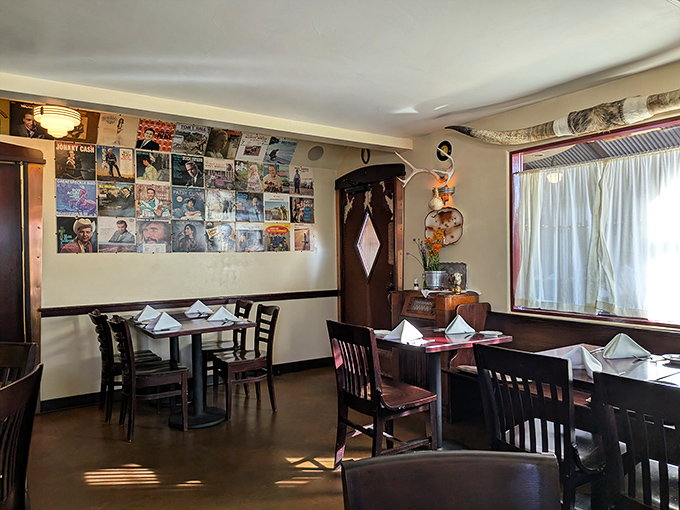 Album covers and intimate tables create the perfect backdrop for dinner conversations that last longer than the drive to get here.