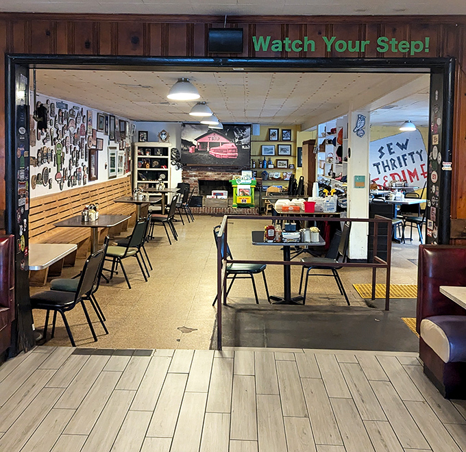 Watch Your Step! warns the sign, but the real danger is wanting to try everything on the menu as you enter this cozy, memorabilia-filled dining room.