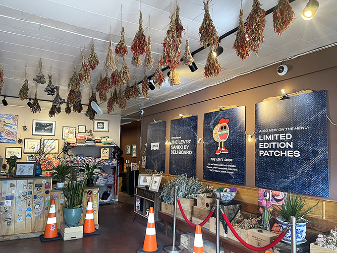 Dried chili peppers dangle from the ceiling like spicy stalactites, creating an atmosphere that's equal parts deli counter and flavor laboratory.