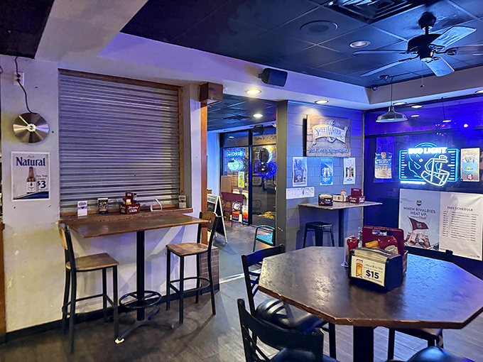 Inside, the cozy interior blends coastal charm with local flair, creating the perfect backdrop for burger-induced happiness.