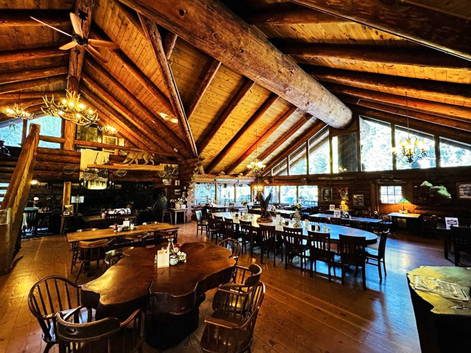 Cathedral-like wooden beams soar overhead while rustic tables invite you to settle in. It's like dining inside the world's most delicious Lincoln Log creation.