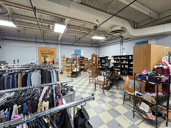 Racks upon racks of possibility! The checkerboard floor guides you through a labyrinth of fashion finds spanning decades of style.