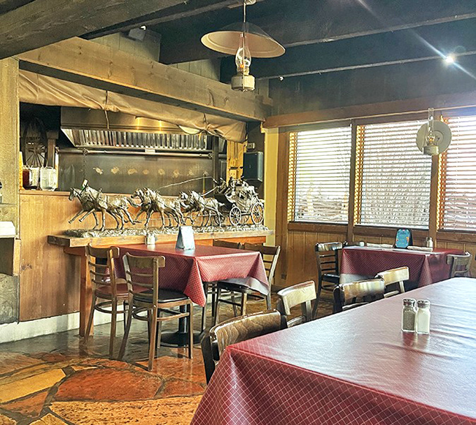Rustic wooden beams and stagecoach sculptures transport you to the Old West, minus the gunfights and with significantly better dining options.