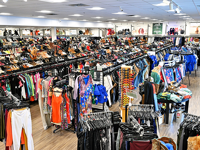 Fashion jungle or organized paradise? Uptown Cheapskate's meticulously arranged racks prove secondhand shopping doesn't have to feel like a treasure hunt in chaos.