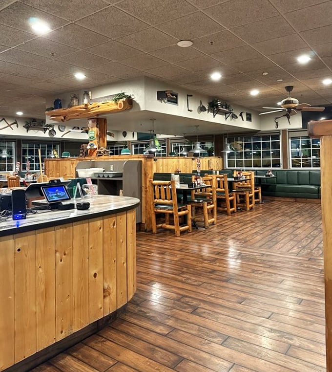 The interior embraces its woodland theme with warm wood tones and rustic charm &ndash; like dining in a luxury cabin without having to chop the firewood yourself.