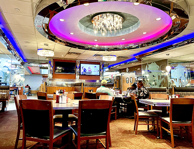 Forget what you know about greasy spoons—this diner's interior surprises with crystal chandeliers, color-changing LED lighting, and an atmosphere that balances nostalgia with unexpected elegance.