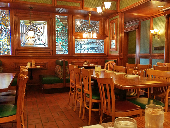 Step inside and time slows down &ndash; rich wood paneling, stained glass, and green upholstery create a sanctuary where breakfast is still sacred.