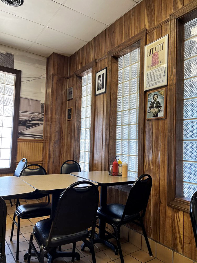 Wood-paneled walls and simple furnishings create the perfect no-nonsense backdrop for serious sandwich consumption&mdash;this place means business.