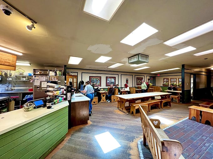 Inside, wooden benches and no-nonsense tables tell you they're serious about pie, not interior design. Priorities, people!