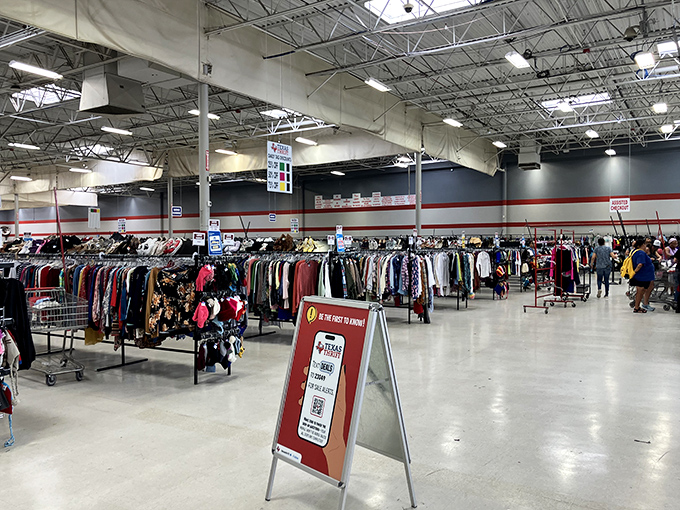 A bargain hunter's paradise stretches as far as the eye can see. The fluorescent lighting might not be glamorous, but it illuminates thousands of potential finds.