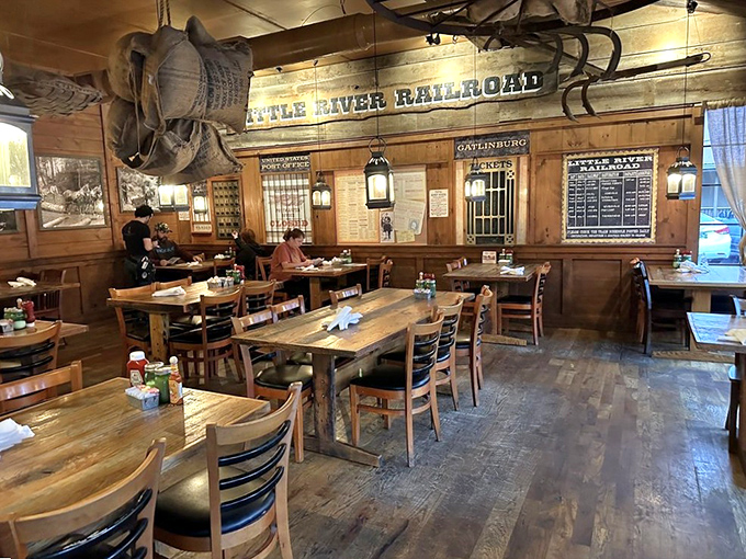 Wooden beams, railroad memorabilia, and tables built for serious eating &ndash; this isn't decoration, it's a breakfast philosophy. 