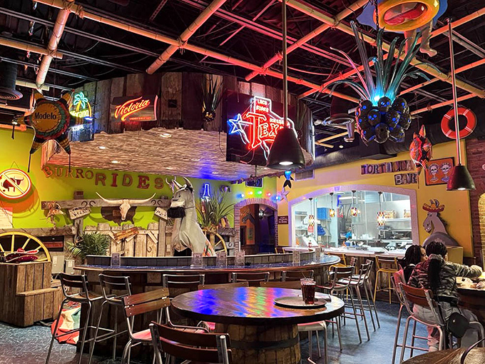 Step inside and you're transported to fiesta central&mdash;where mechanical burro rides, neon signs, and colorful d&eacute;cor create an atmosphere that's equal parts Mexico and mountain magic.