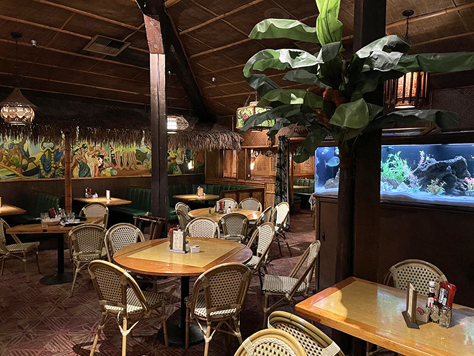 Step inside and you're transported to a Polynesian paradise complete with thatched roofs, tropical murals, and fish tanks. Time travel has never been this delicious.