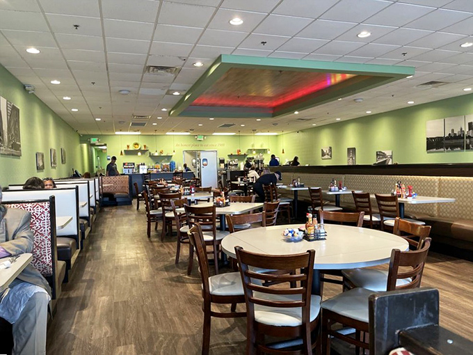 Inside, lime-green walls and comfortable booths create the kind of cheerful atmosphere where calories don't count and Mondays feel tolerable.
