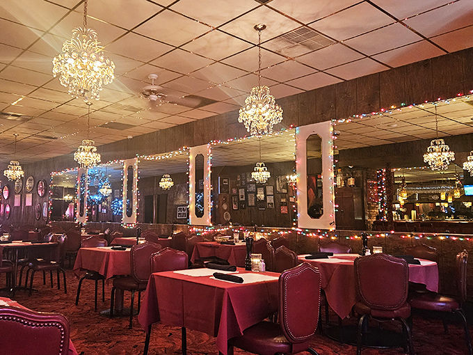 Chandeliers and red tablecloths create that perfect "special occasion" vibe, even when your special occasion is simply "it's Tuesday and I deserve steak."