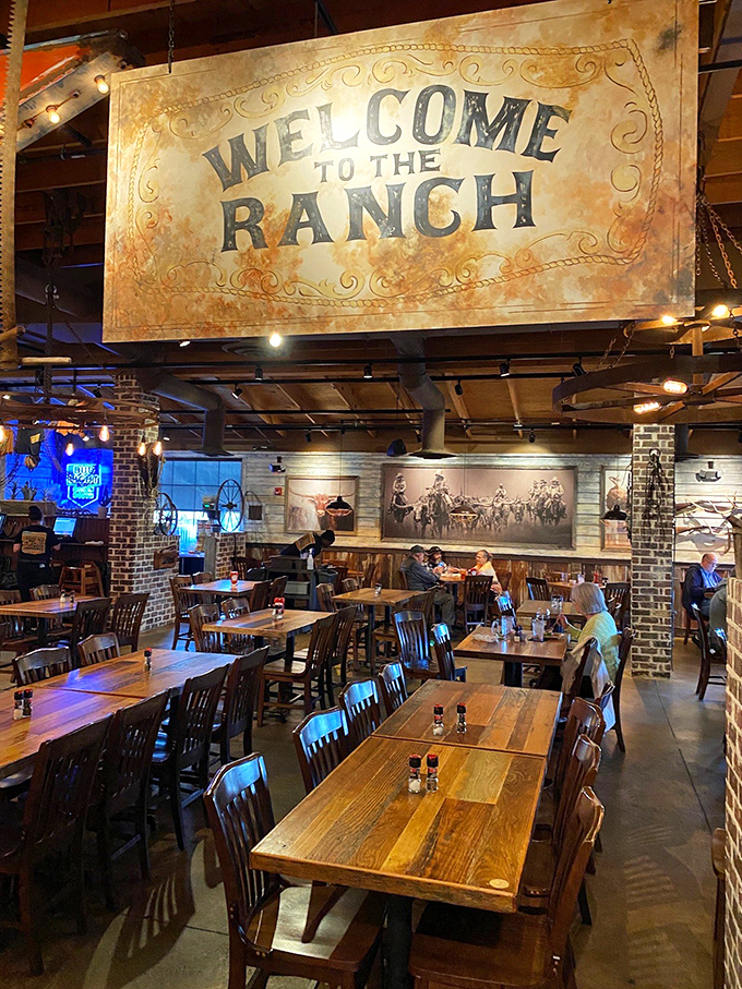 "Welcome to the Ranch" indeed! The dining room's warm wood tables, western d&eacute;cor, and strategically placed lighting create the perfect backdrop for meat-centric memories.