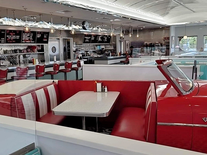 Slide into automotive history with these convertible booths where you can "drive in" to dinner without leaving your table. Eating in a '57 Chevy? Now that's American ingenuity!