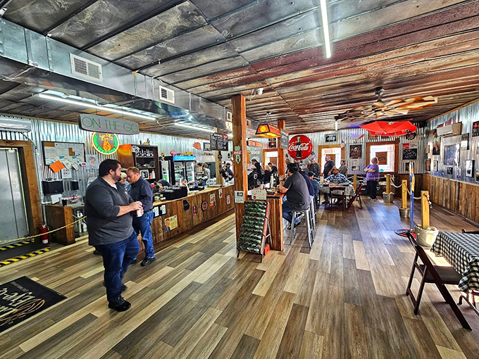 Inside, corrugated metal meets wood paneling in a rustic symphony that whispers, "We care about the meat, not the marble countertops." Pure barbecue authenticity.
