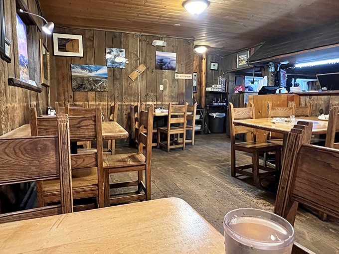 Rustic wooden tables and chairs create that "been here forever" vibe where memories are made between bites of New Mexican comfort food.