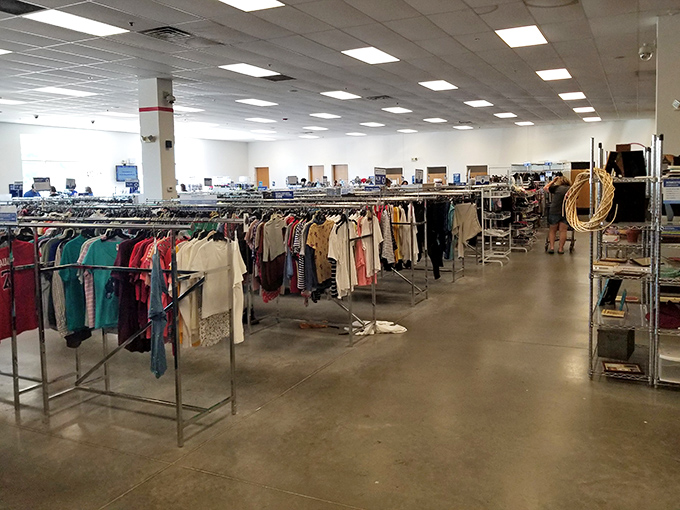 Endless racks stretch toward the horizon like a retail savanna, each metal bar a potential goldmine of fashion finds waiting to be discovered.