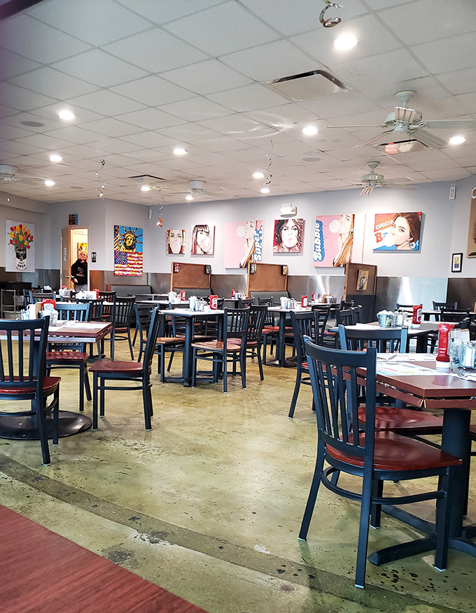 Pop art meets comfort food in this bright dining space where colorful wall art creates the perfect backdrop for breakfast bliss.